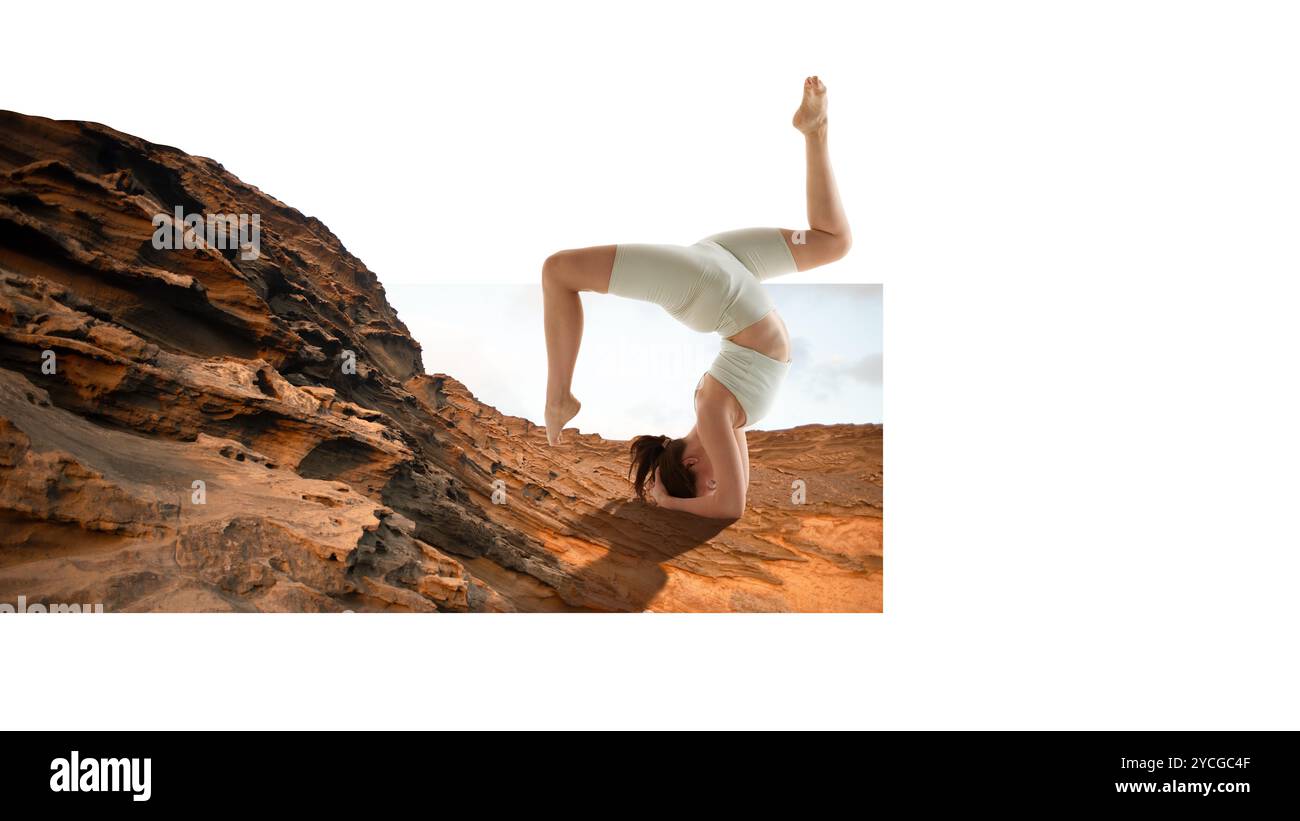 Contemporary art collage. Woman practicing complex yoga pose on rocky ...