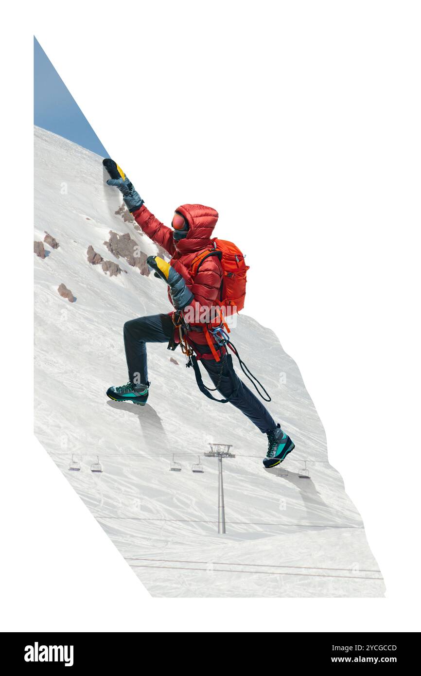 Contemporary art collage. Mountain climber, fully equipped in bright ...