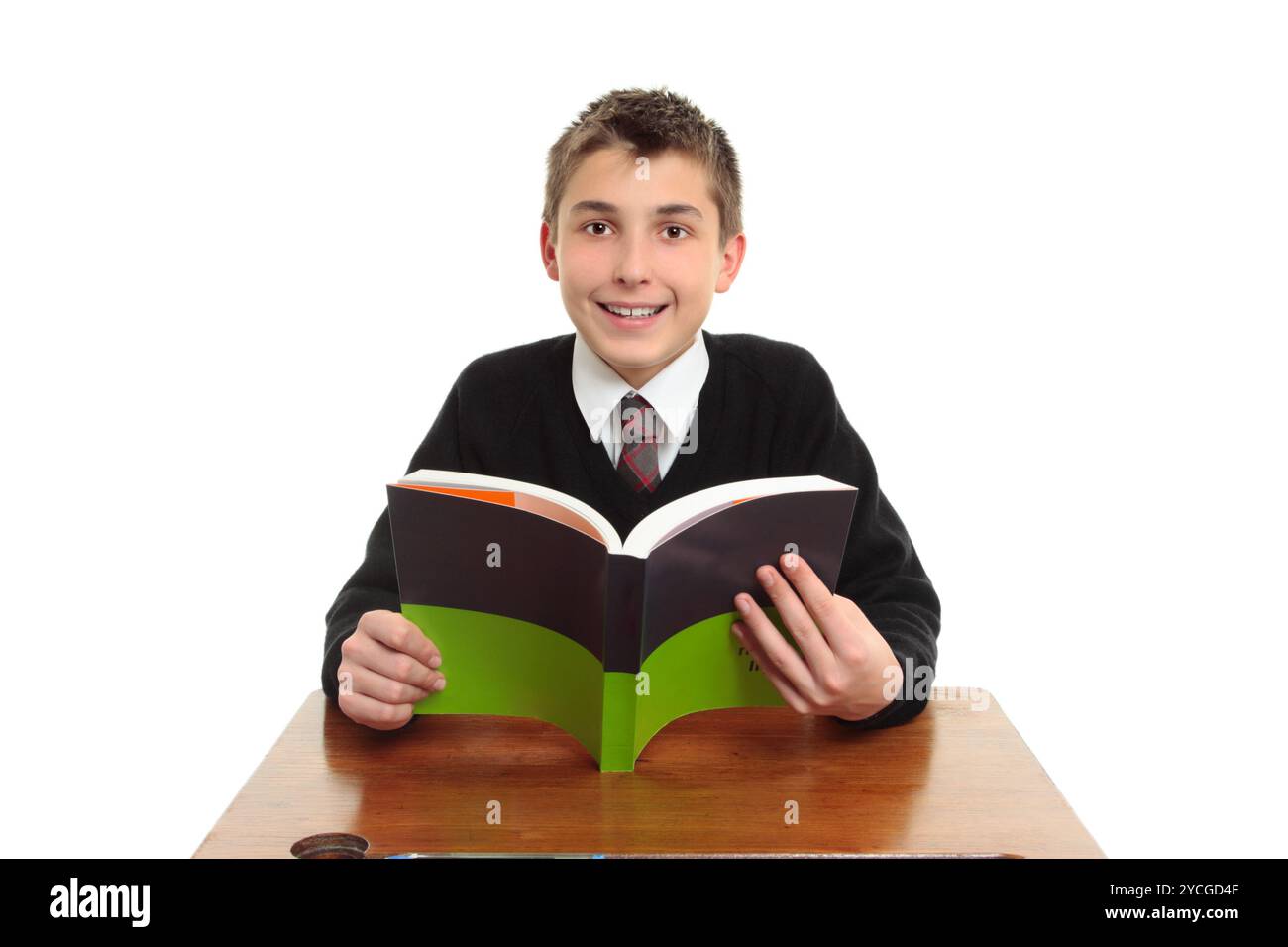 Happy school student with textbook Stock Photo - Alamy