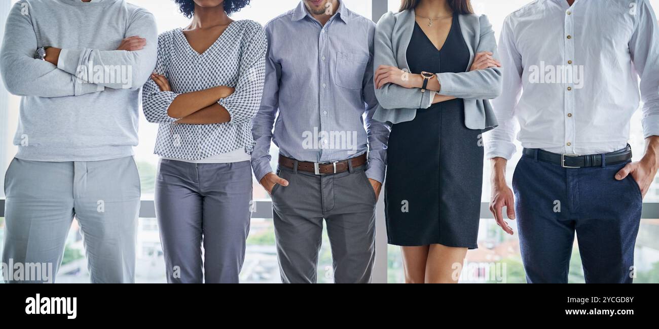 Business people, closeup and group in office, line and teamwork with ...