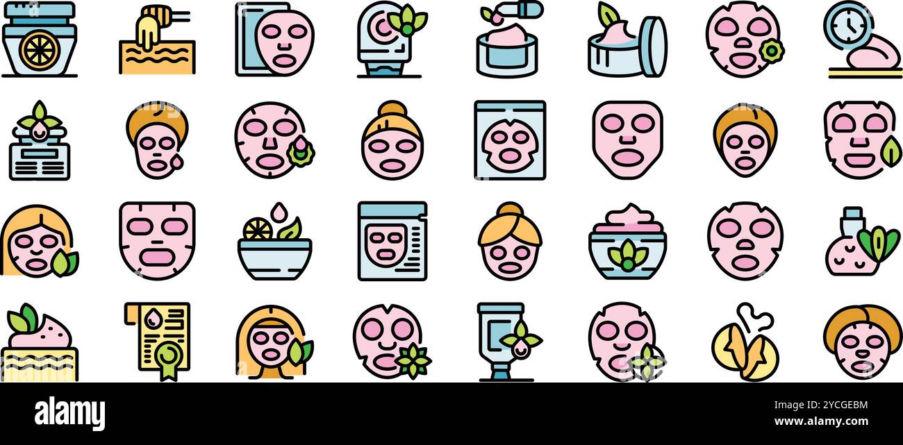 Beauty face mask applying icons set. Outline set of beauty face mask ...