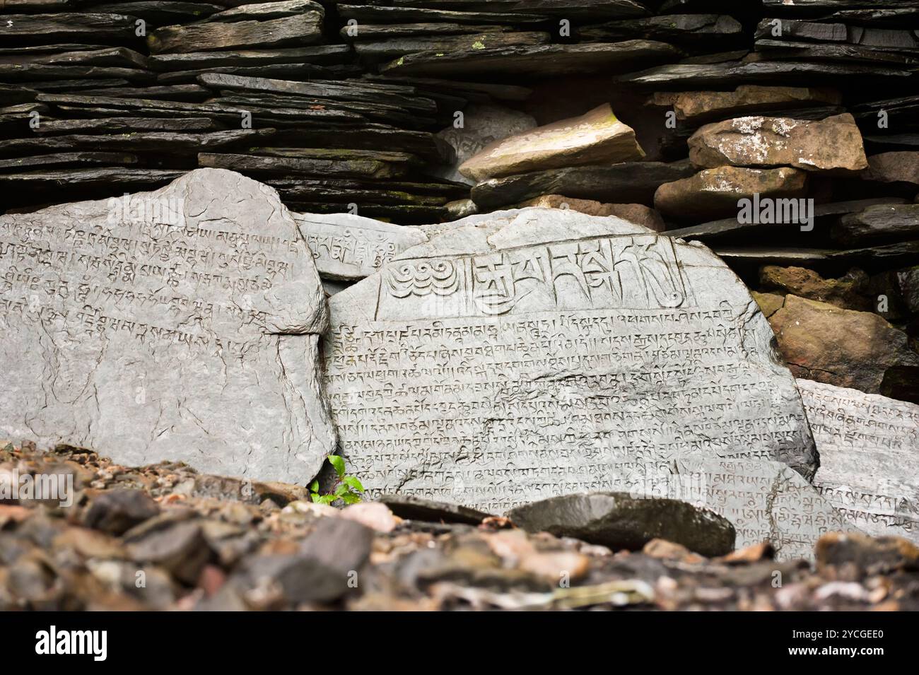 Buddhist prayer stone with mantra Stock Photo - Alamy