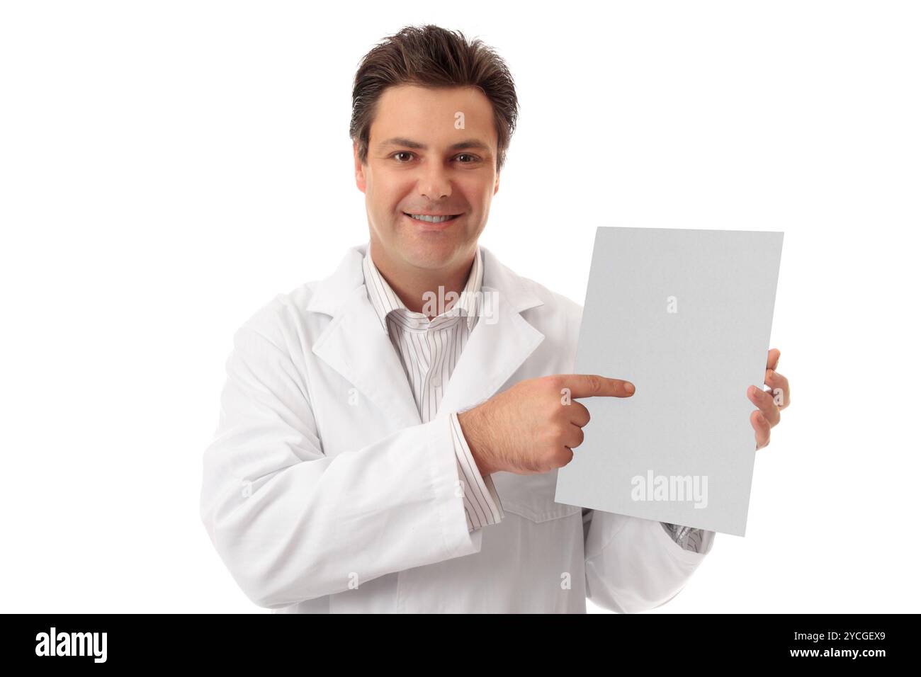 Doctor pharmacist holding brochure, sign, fact sheet Stock Photo - Alamy