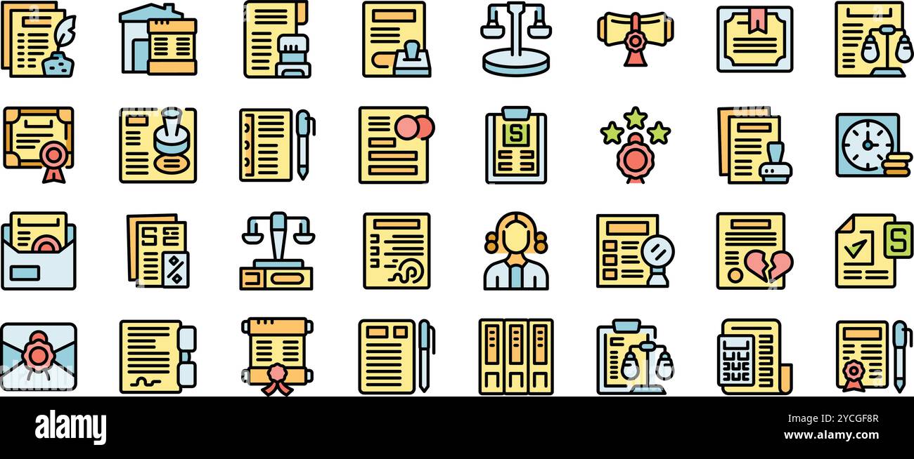 Notary public signing and authenticating document icons set vector ... Notary public signing and authenticating document icons set vector ...