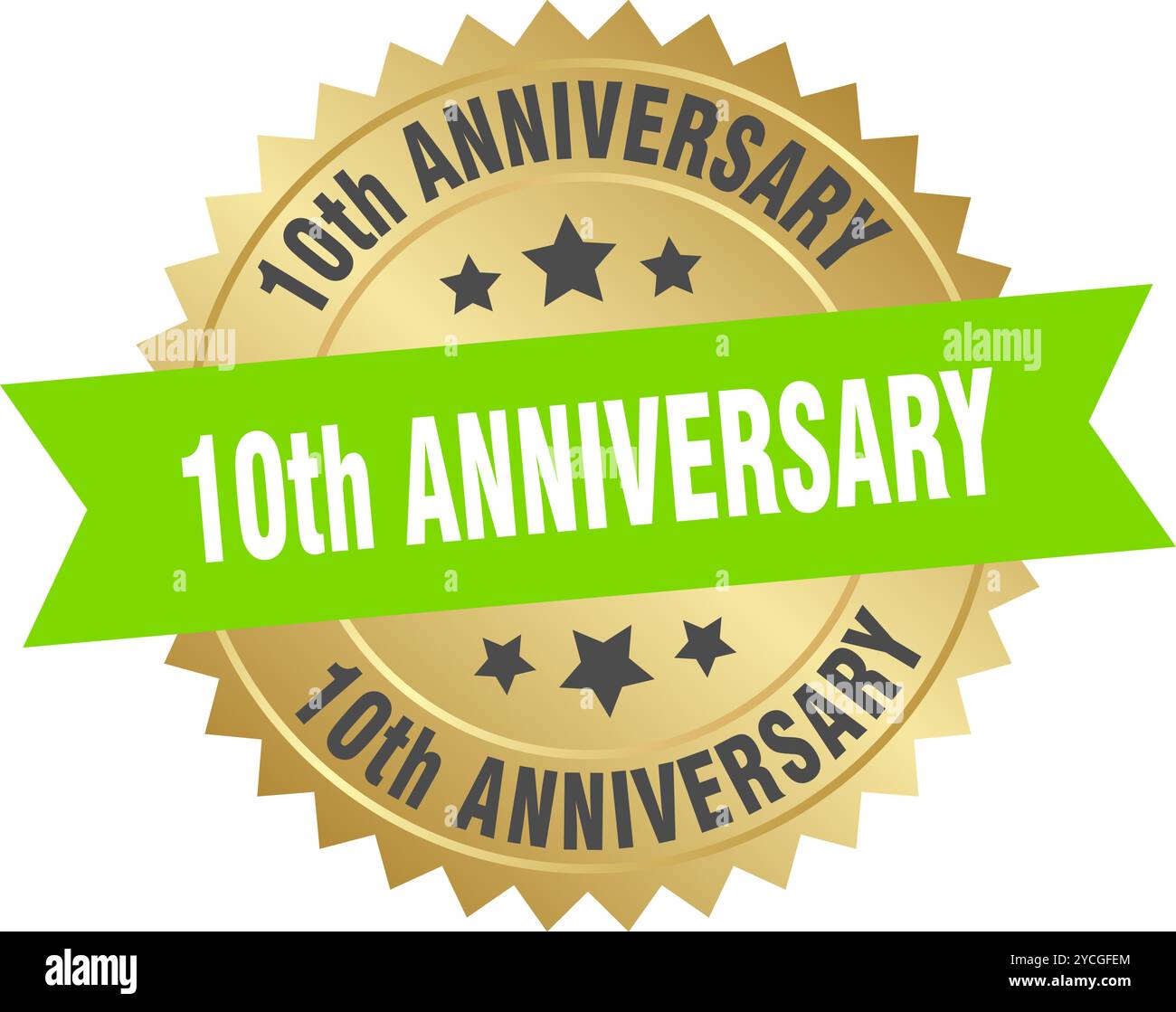 10th anniversary round green and gold label isolated on transparent ...