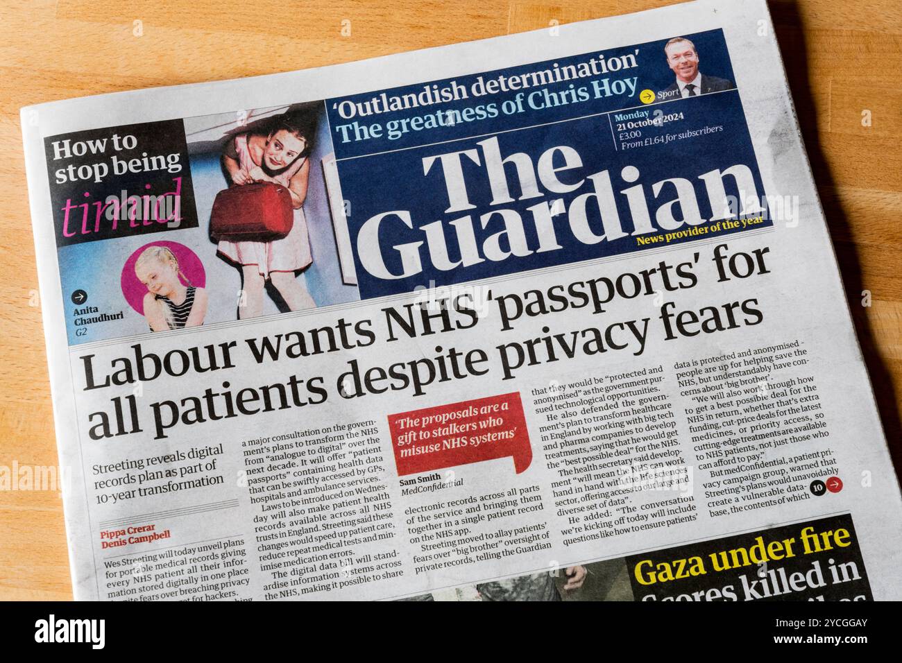 21 October 2024. Headline in Guardian is Labour wants NHS 'passports ...
