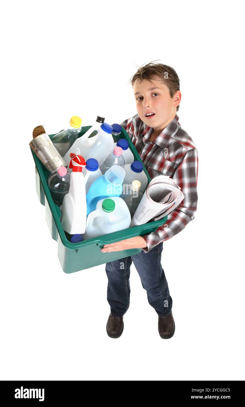 Child holding a recycling bin full of waste for recycling Stock Photo ...