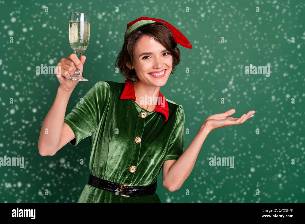 Photo of cheerful lady drink champagne congratulations event wear elf ...