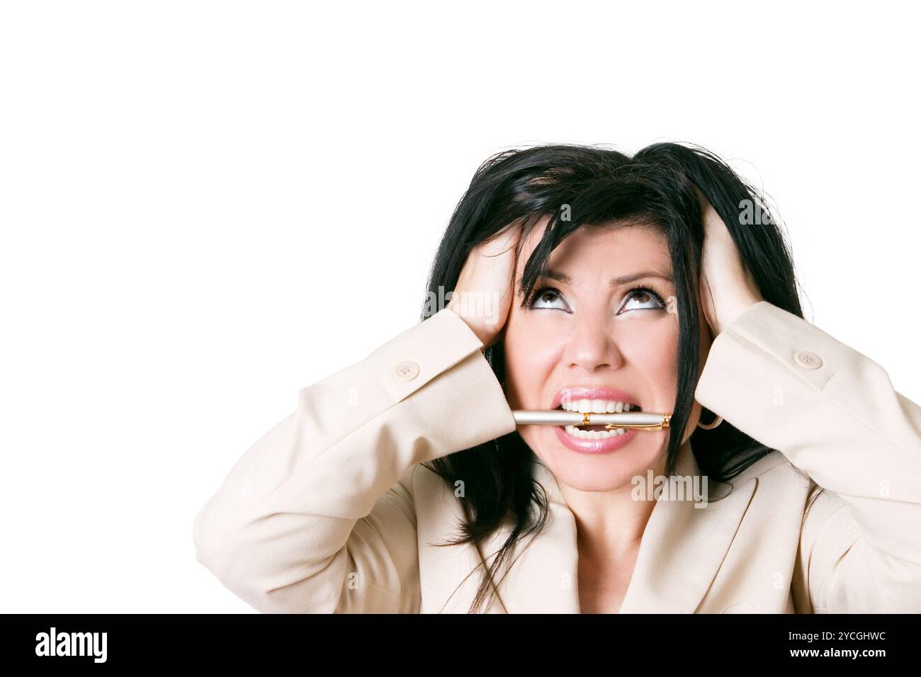 Stressed woman looking up Stock Photo - Alamy