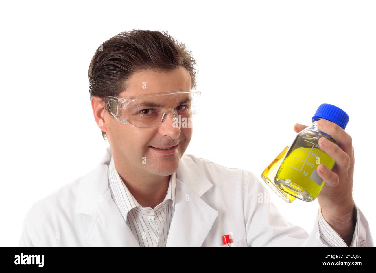 Scientist with lab bottles Stock Photo - Alamy