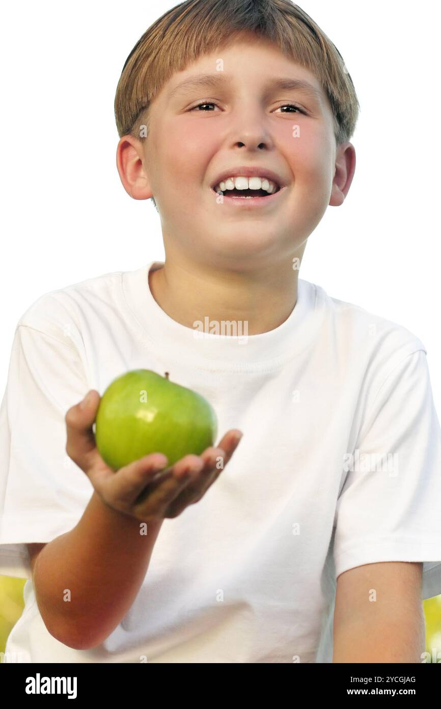 Healthy life - boy with apple in his palm Stock Photo - Alamy