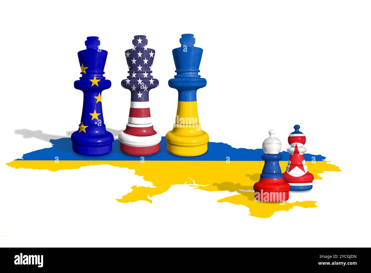 Chess made from Ukraine, EU, USA and Russia with Nord Korea flags on a ...