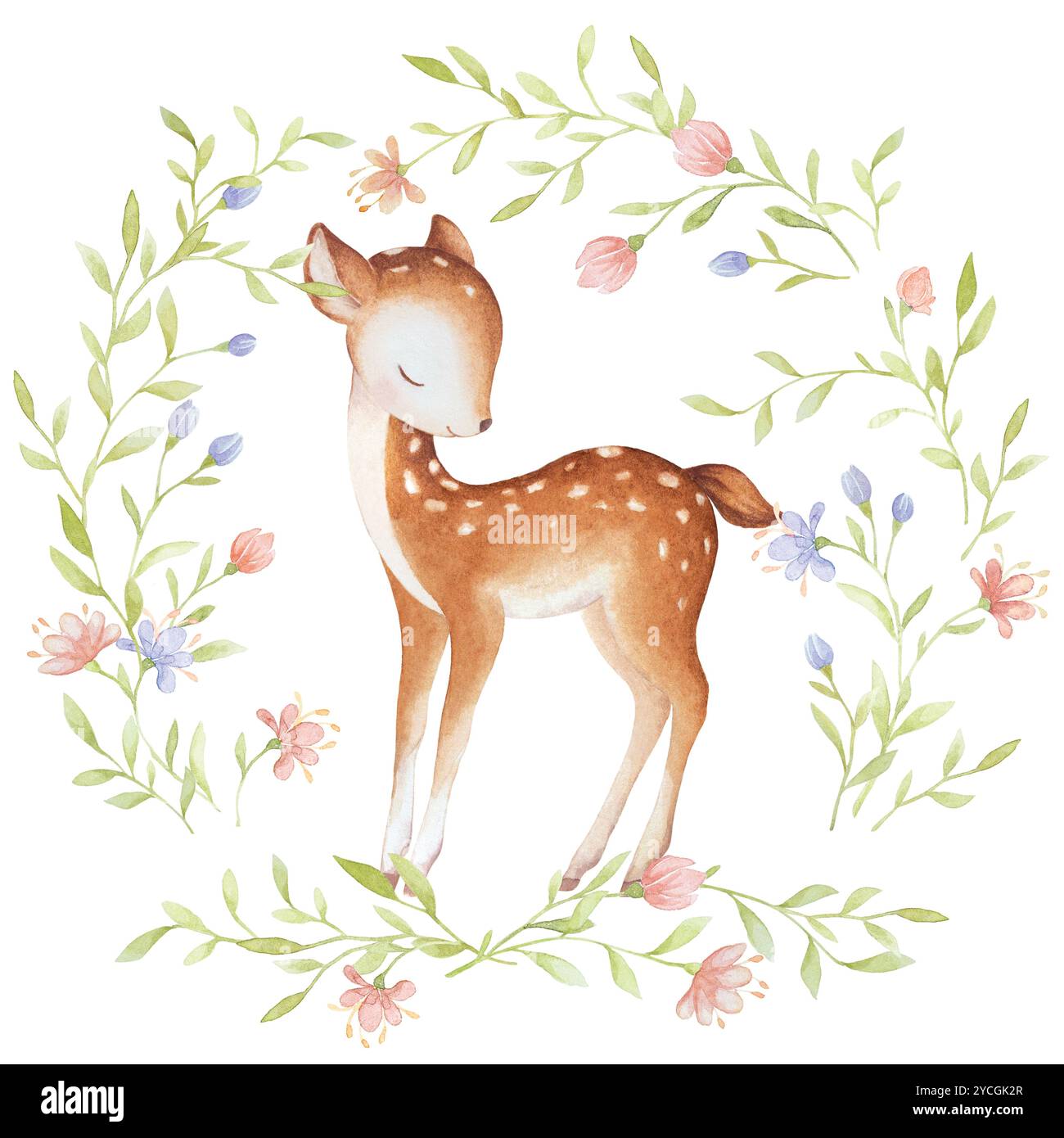 Baby Deer Sleeping Illustration, Rustic Floral Wreath Clipart, Baby ...