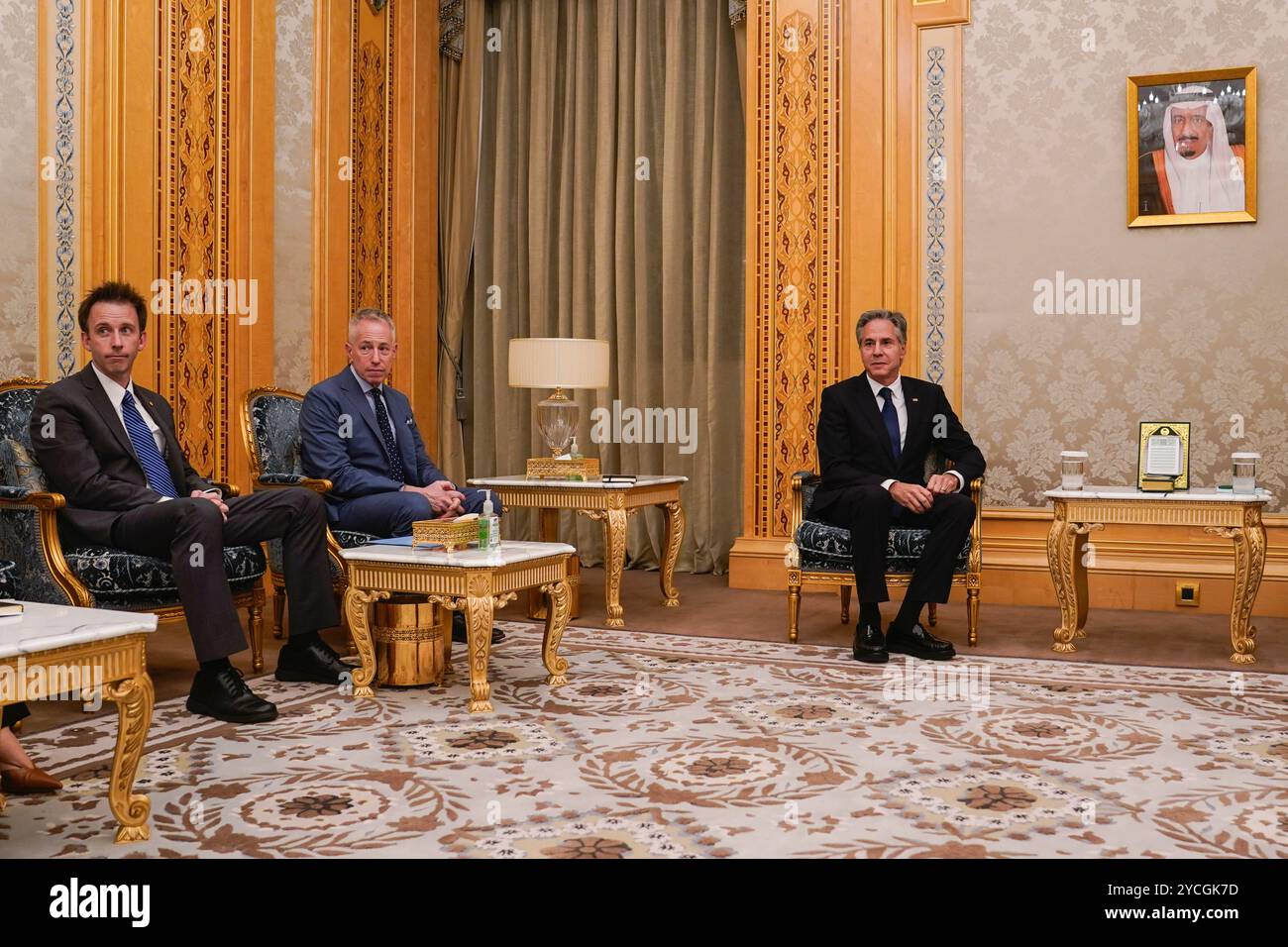 U.S. Secretary of State Antony Blinken, right, looks on during a ...