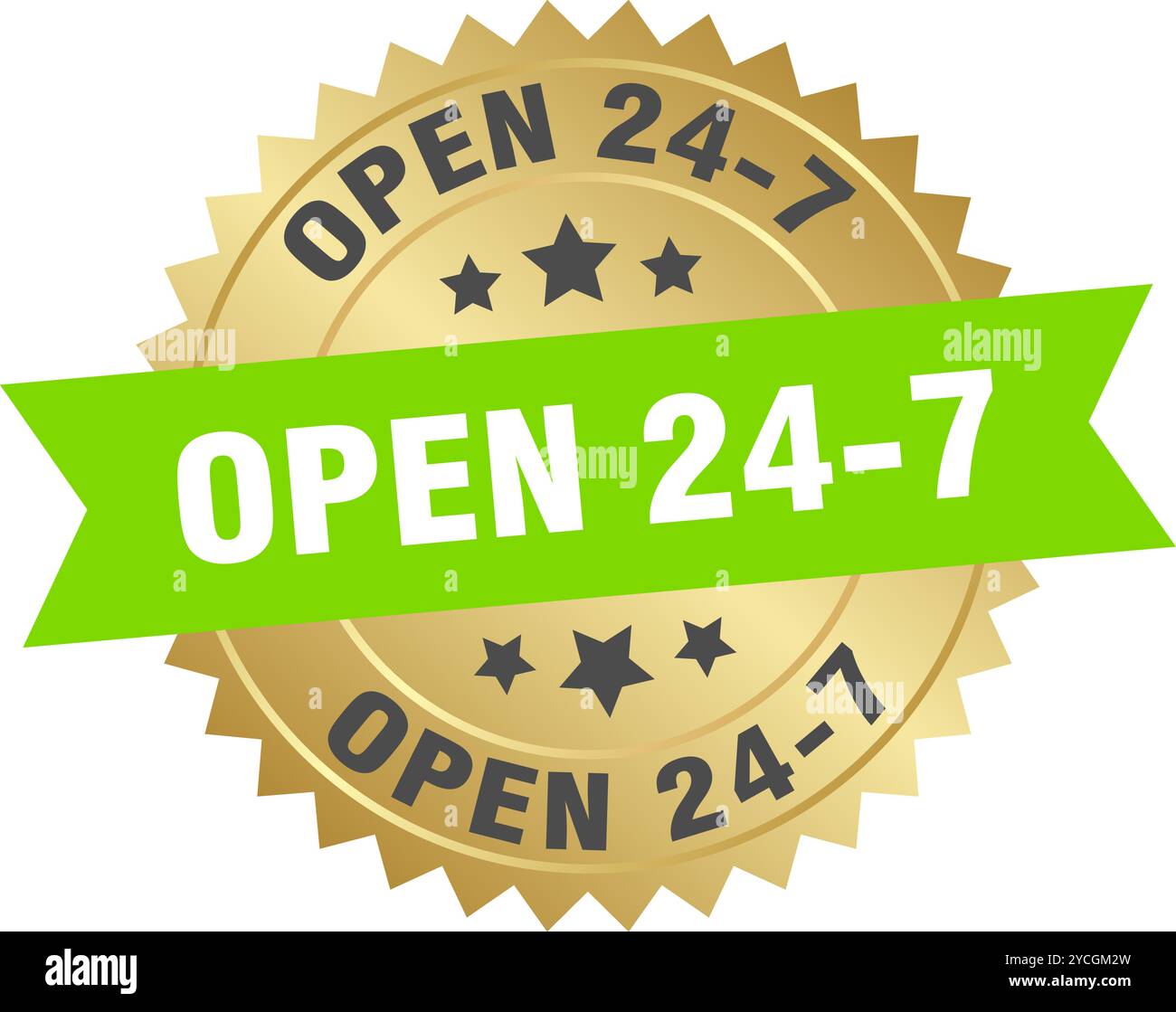 open 24 7 round green and gold label isolated on transparent background ...