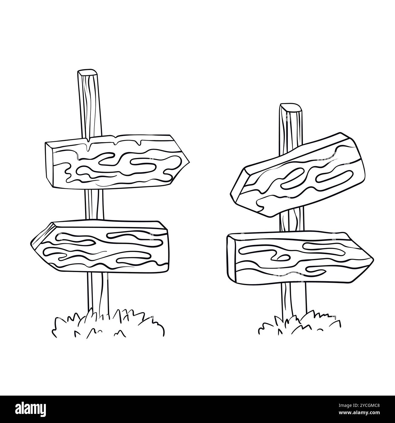 Vector set of hand drawn road signs. Wooden signs with arrows. Blank ...