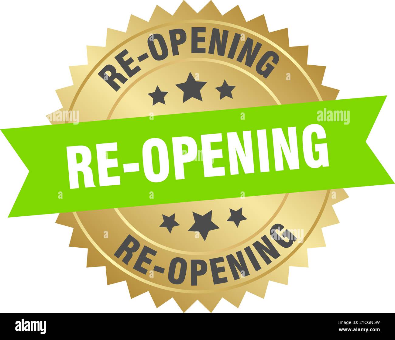 re-opening round green and gold label isolated on transparent ...