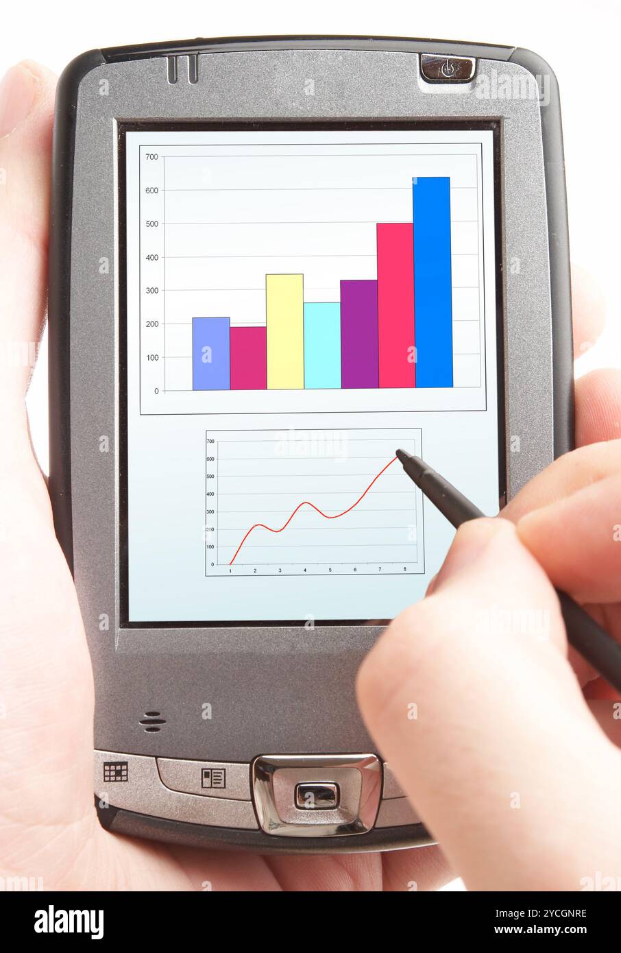Pocket computer in a hand. With the schedule on the screen Stock Photo ...