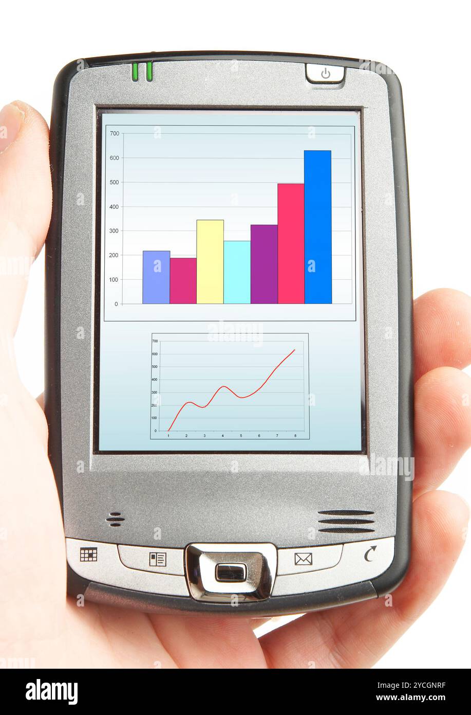 Pocket computer in a hand. With the schedule on the screen Stock Photo ...