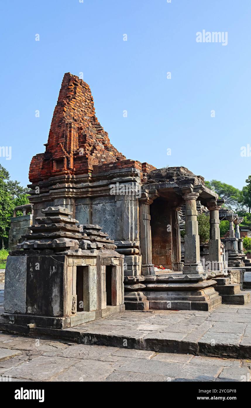 View of the ruined brick-built shikhara of a Hindu temple in the ...