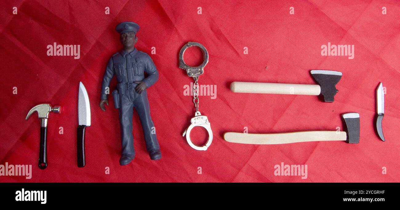 Panoramatic crime scene background, policeman, axes, knives and ...
