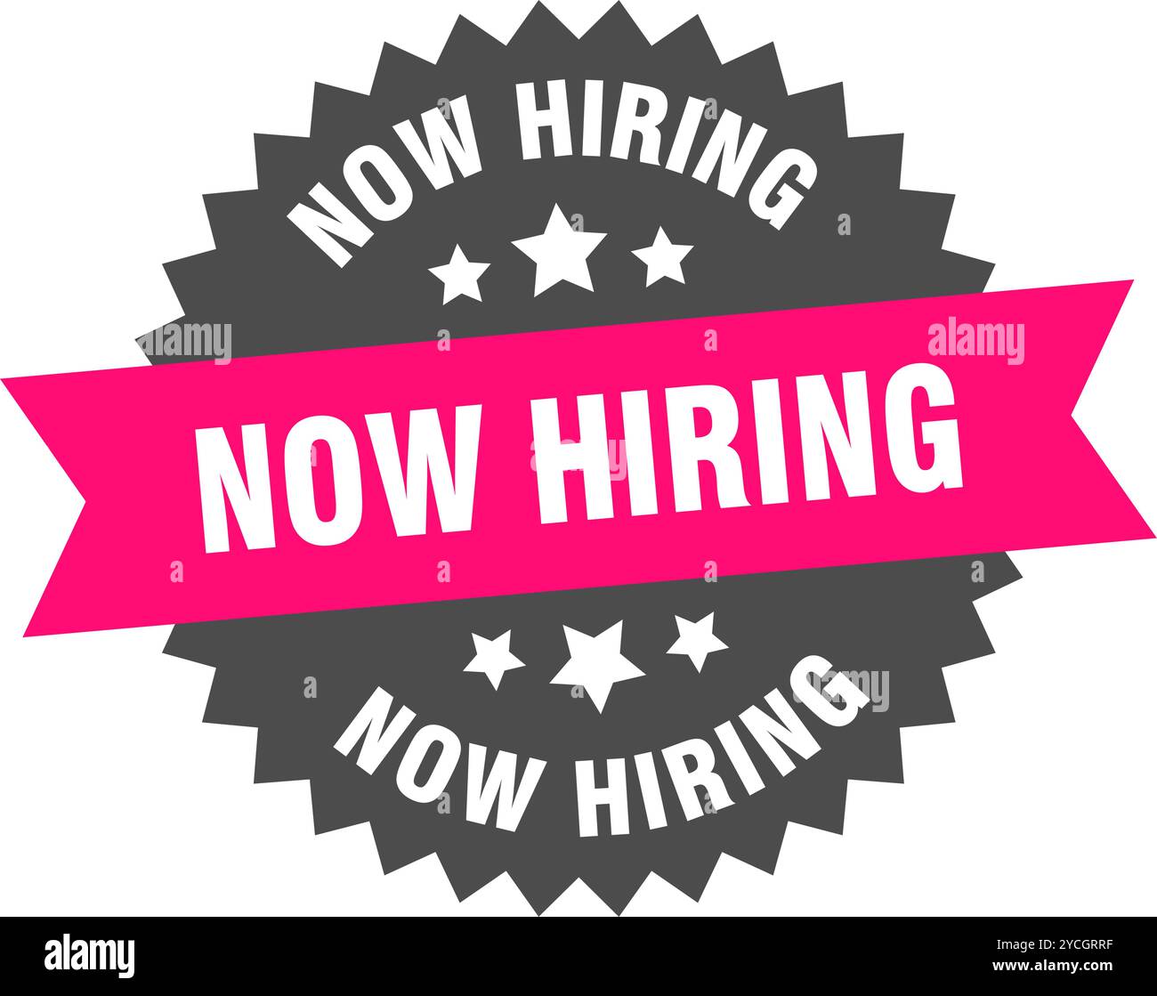 now hiring round pink label isolated on transparent background. now ...