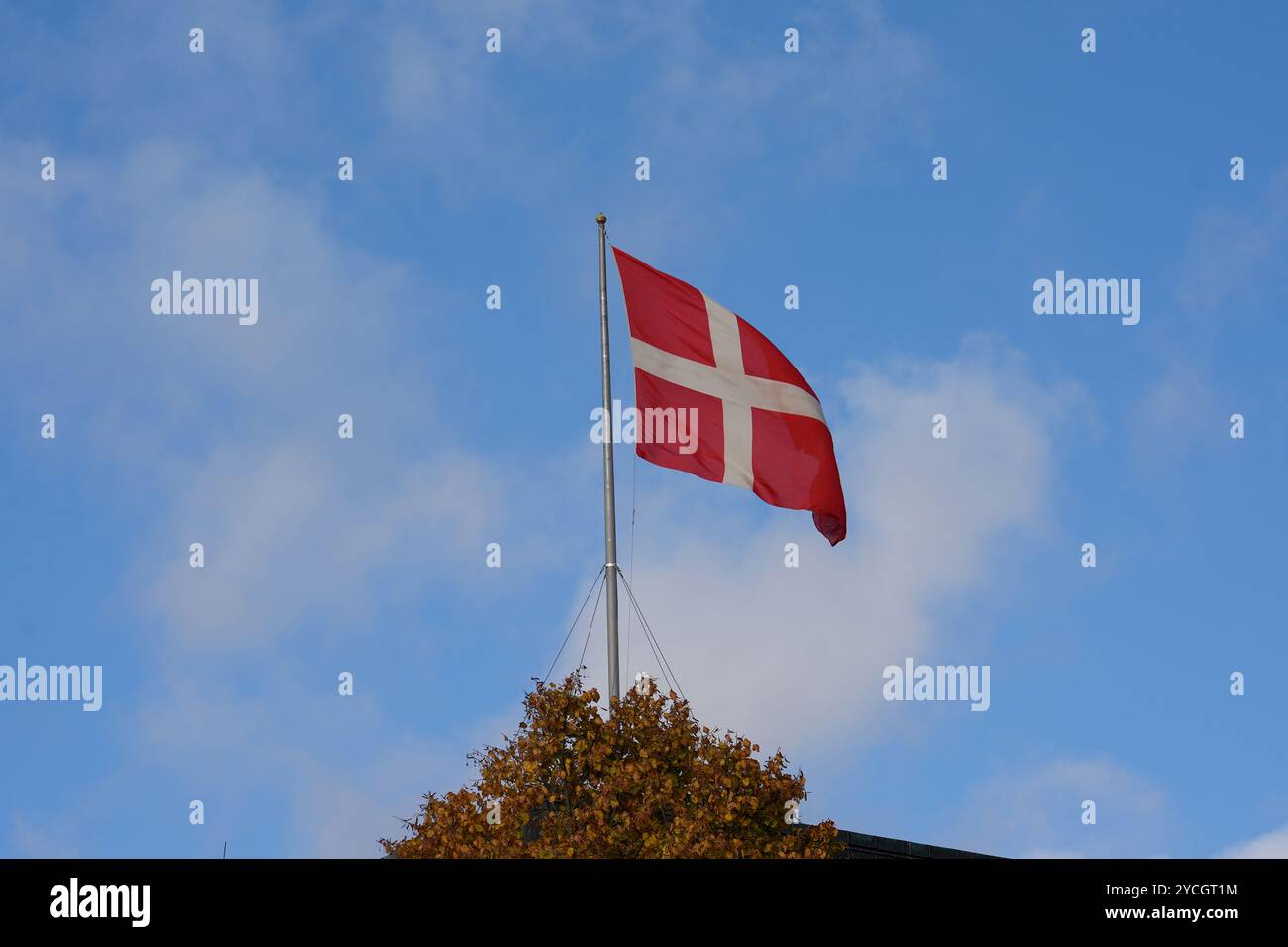 Kiel, Germany. 22nd Oct, 2024. A Danish flag flies on a roof during the visit of King Frederik X ...
