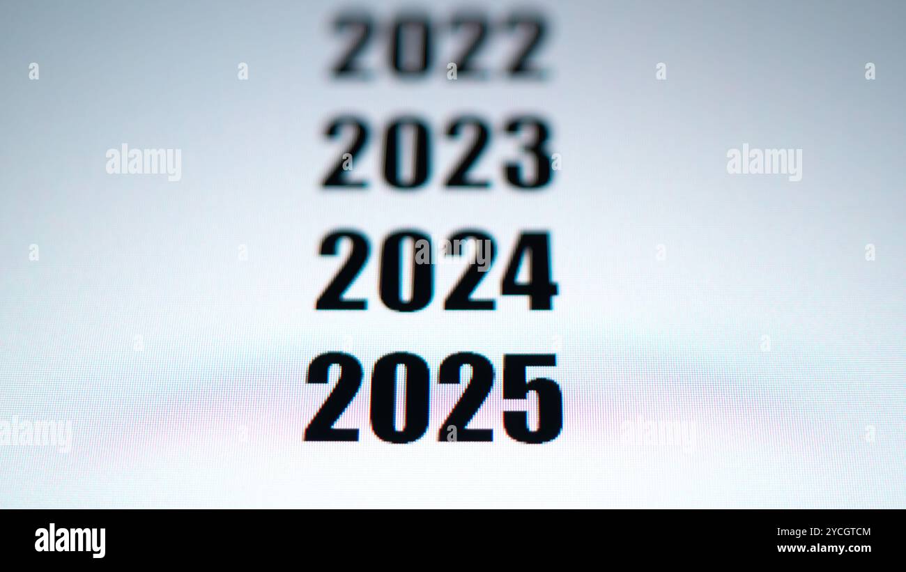 Close-up image of years 2022 to 2025 displayed in bold font on LED ...