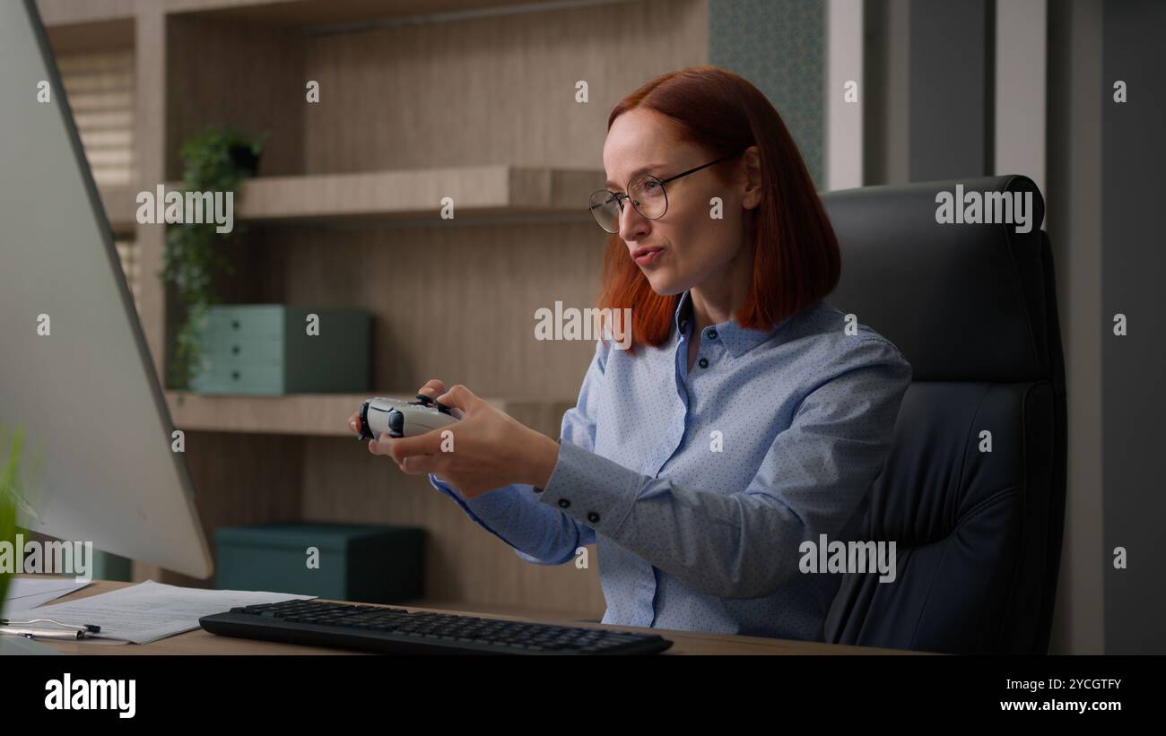 Caucasian business woman office worker at workplace break pause work ...