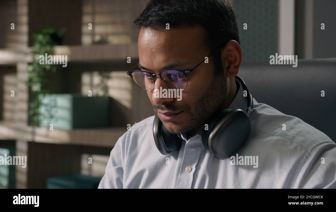 Satisfied happy American businessman Indian man Arabian worker business entrepreneur finish work ...