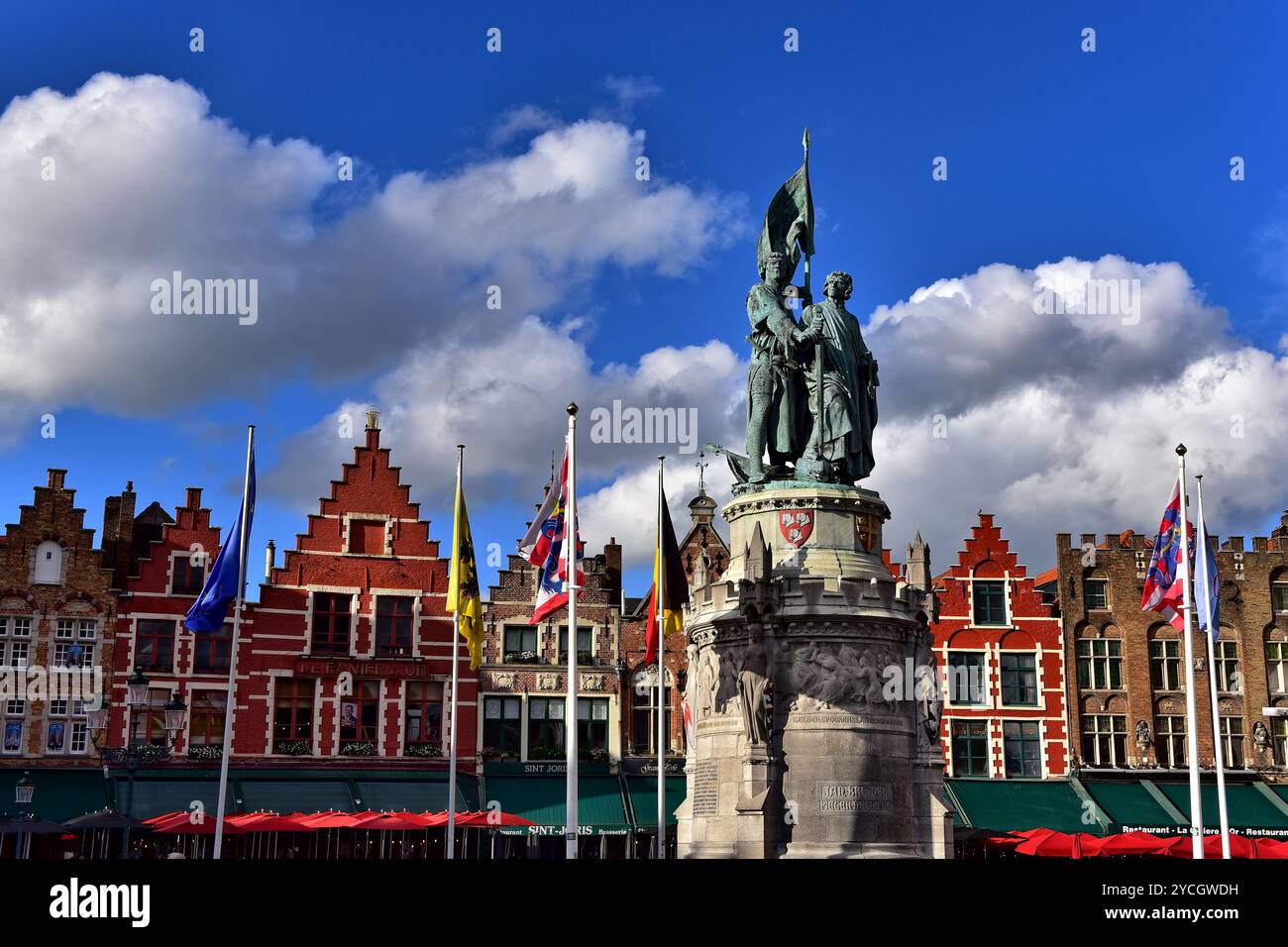 The statue of Jan Breydel and Pieter de Coninck and medieval brick ...