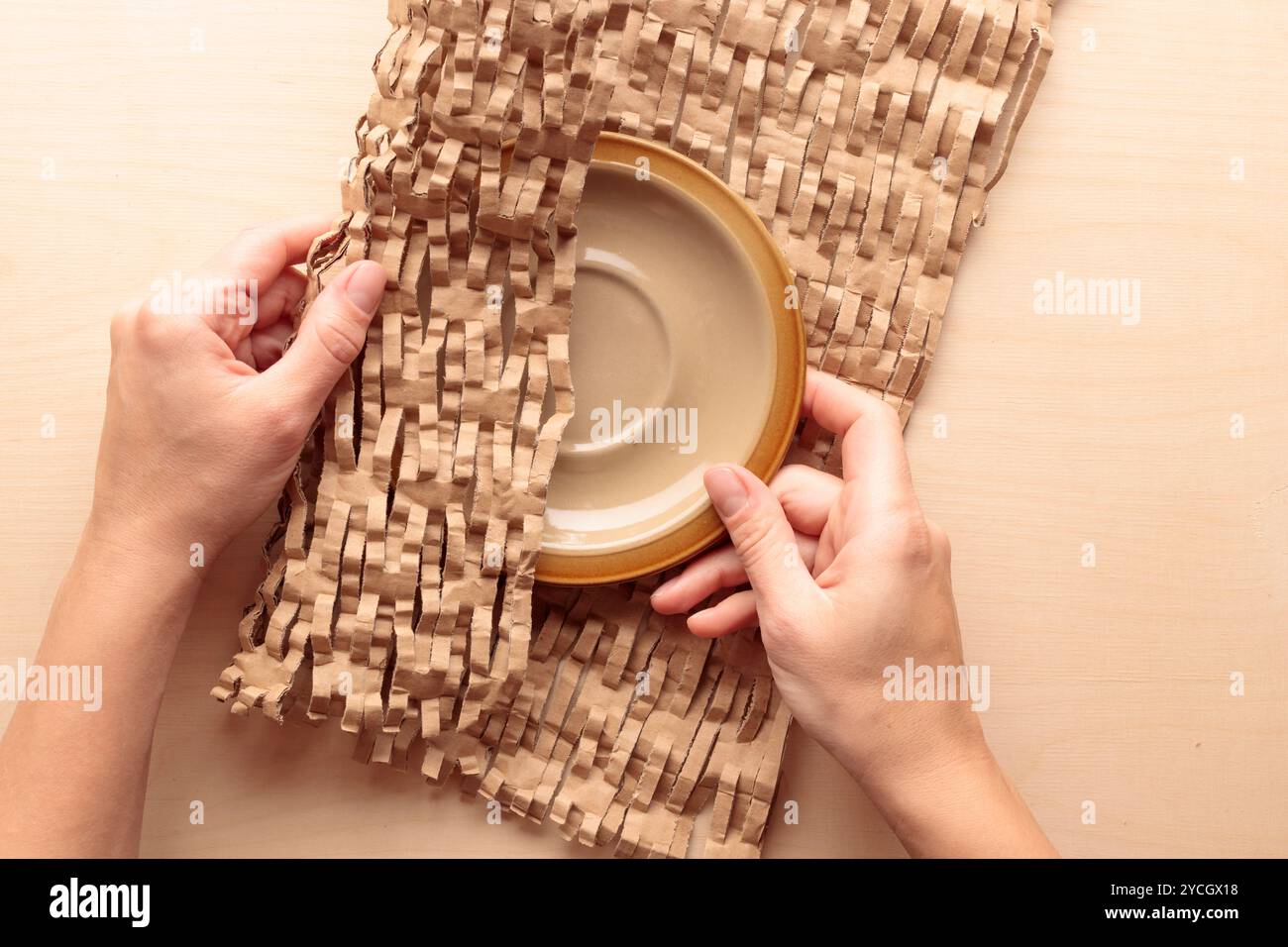 Brown Primary Color Honeycomb Wrapping Paper. Human packs a plate into ...