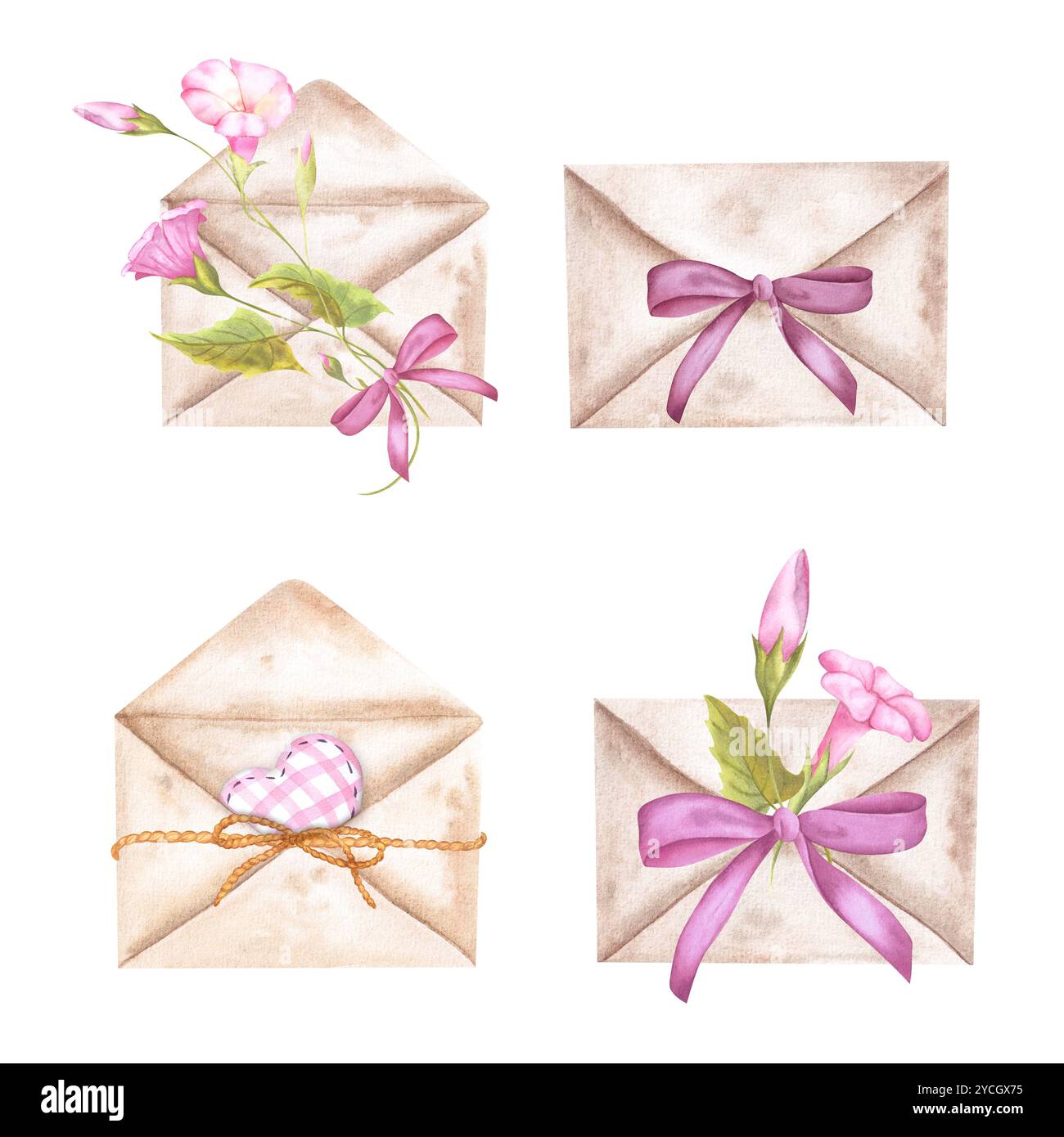 Set of compositions with postal envelopes, bow, morning glory flower ...