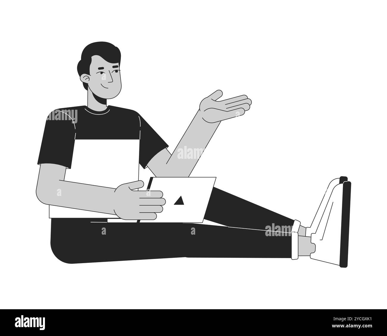 Indian young adult man with laptop sitting on floor black and white 2D ...