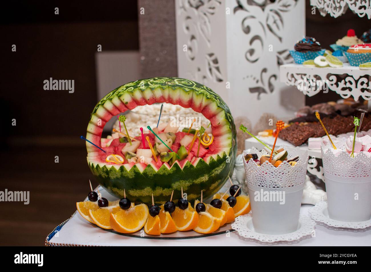 Refreshing Fruit Display in a Decorative Watermelon Bowl Stock Photo ...