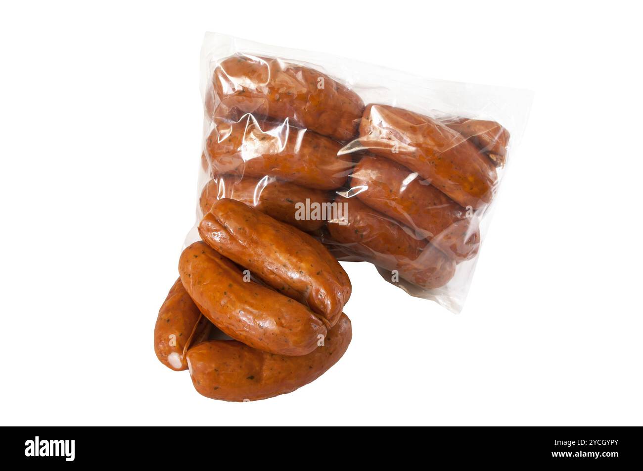 Pile meat flavour sausages on white Stock Photo - Alamy