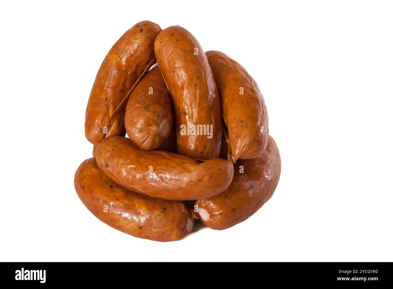 Pile meat flavour sausages on white Stock Photo - Alamy