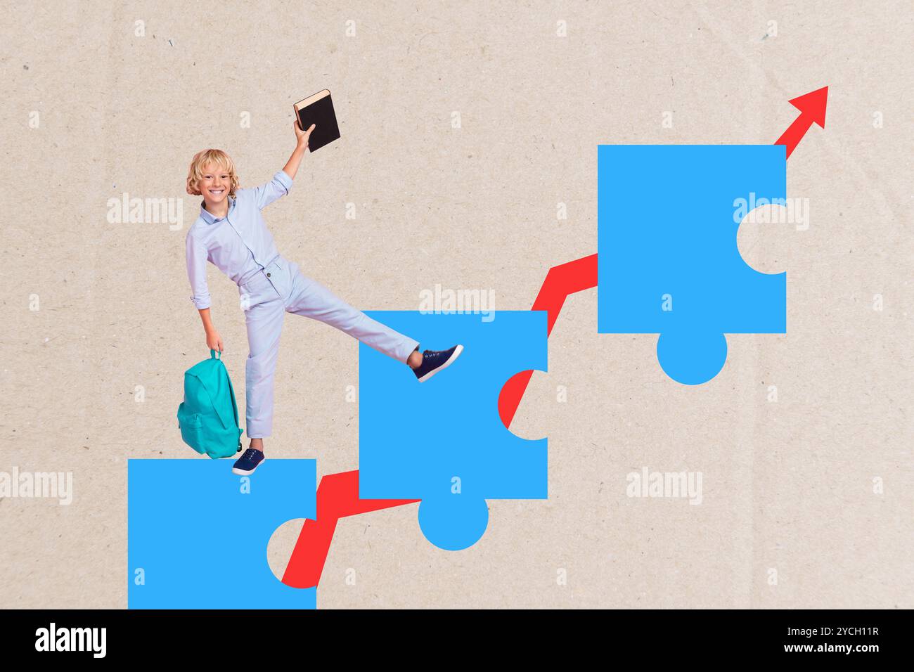Composite photo collage of happy schoolboy stand development arrow ...