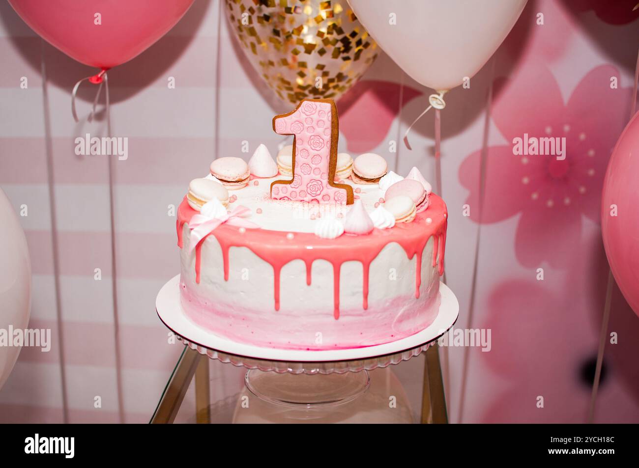 Celebration Cake for First Birthday with Floral Accents and Balloons ...