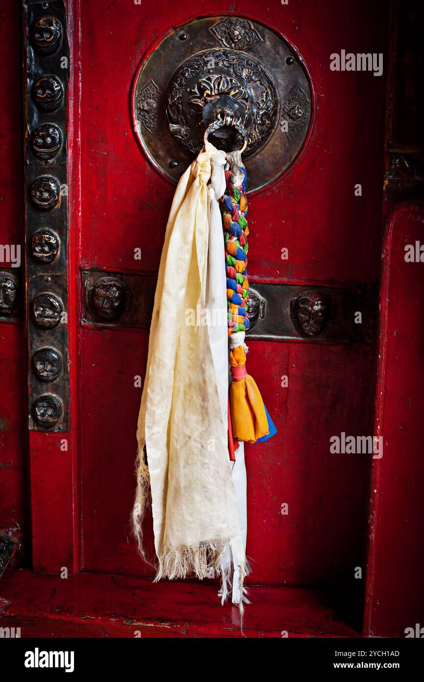 Old door at Buddhist monastery temple decortated with ancient doorknob ...