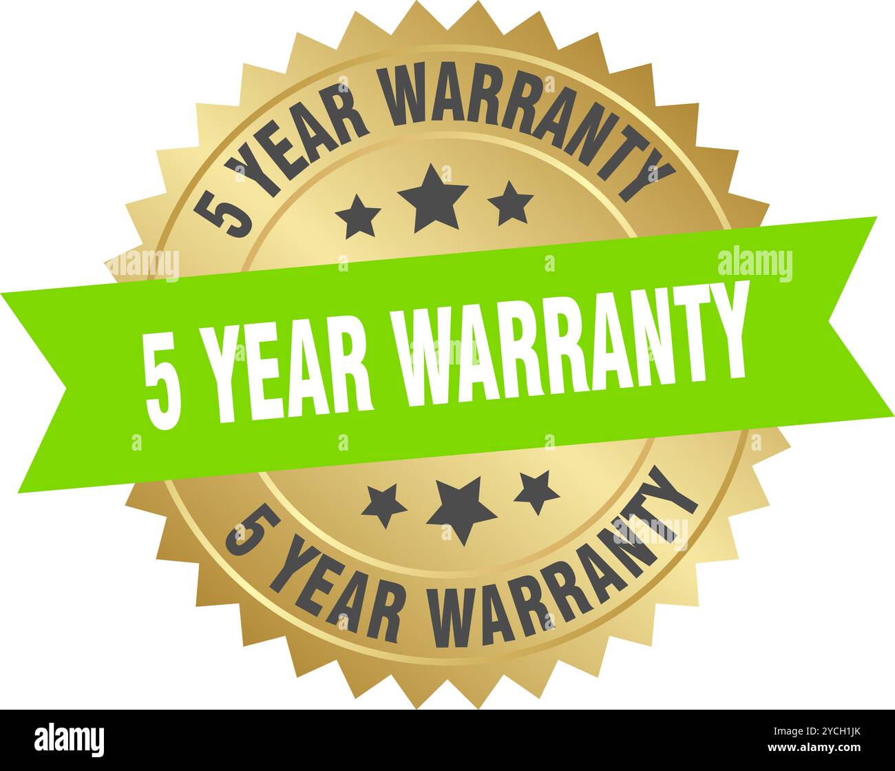 5 year warranty round green and gold label isolated on transparent ...
