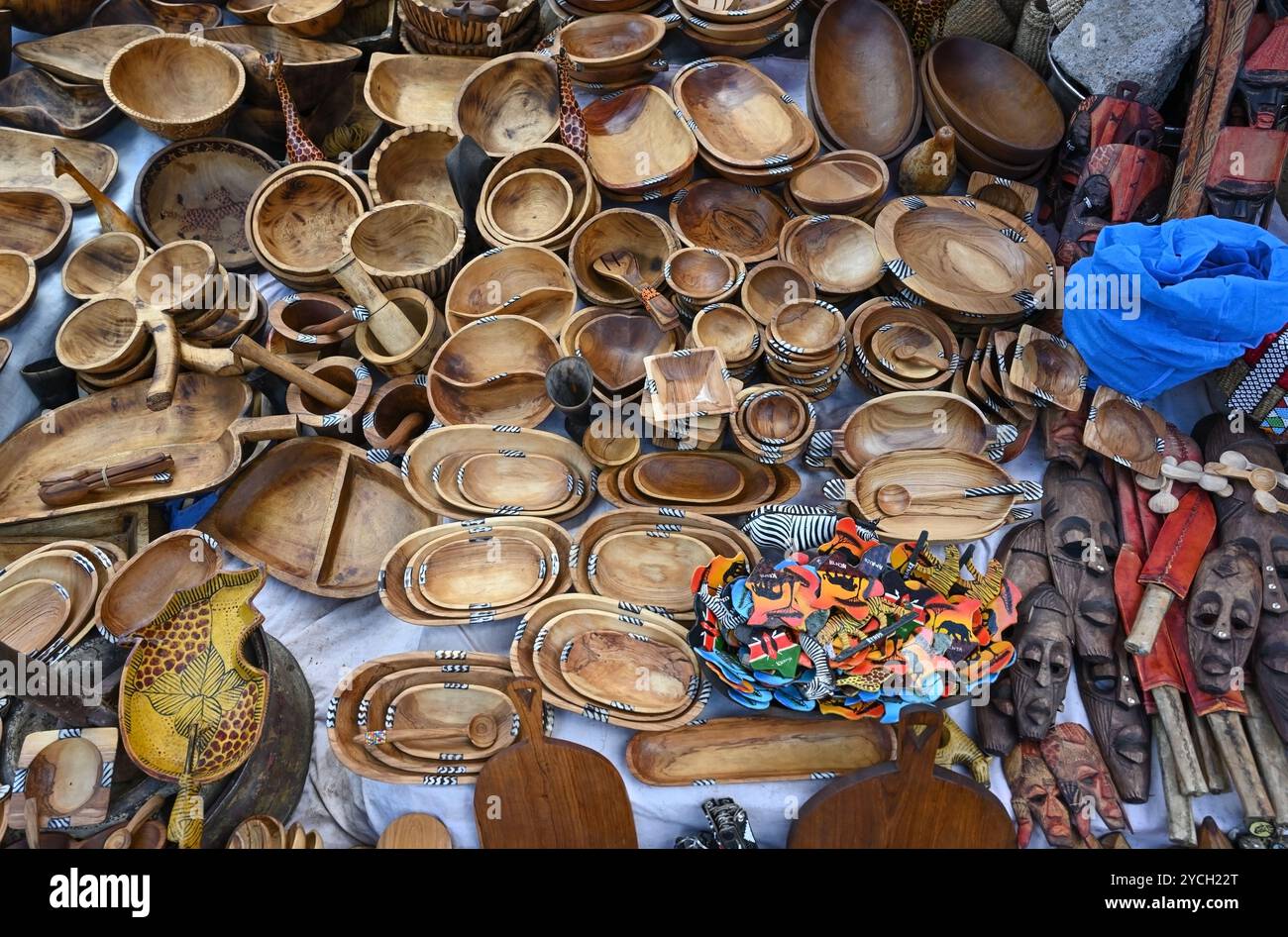 Various handmade wooden crafts of the Maasai tribes are sold at the ...