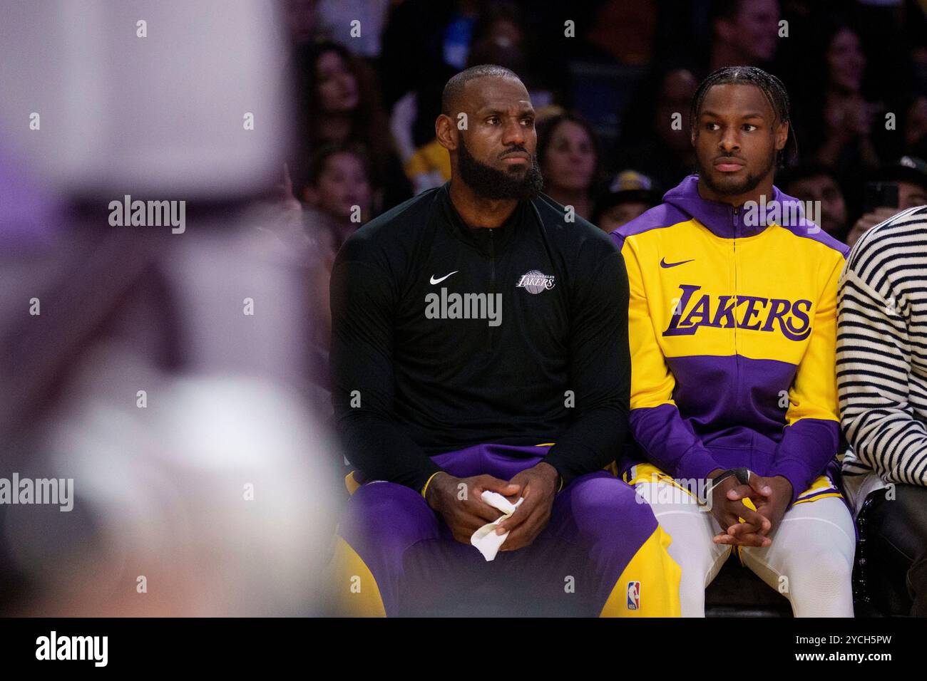 Los Angeles Lakers forward LeBron James, left, and guard Bronny James ...