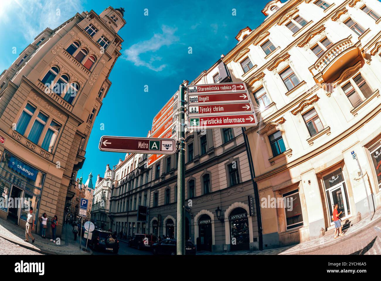 Prague, Czech Republic - May 27, 2017: Fisheye view of a street in ...