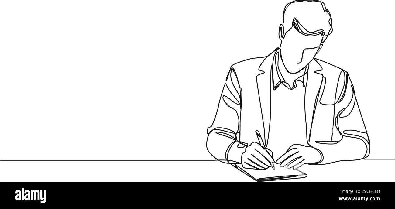 continuous single line drawing of male business person taking notes on ...