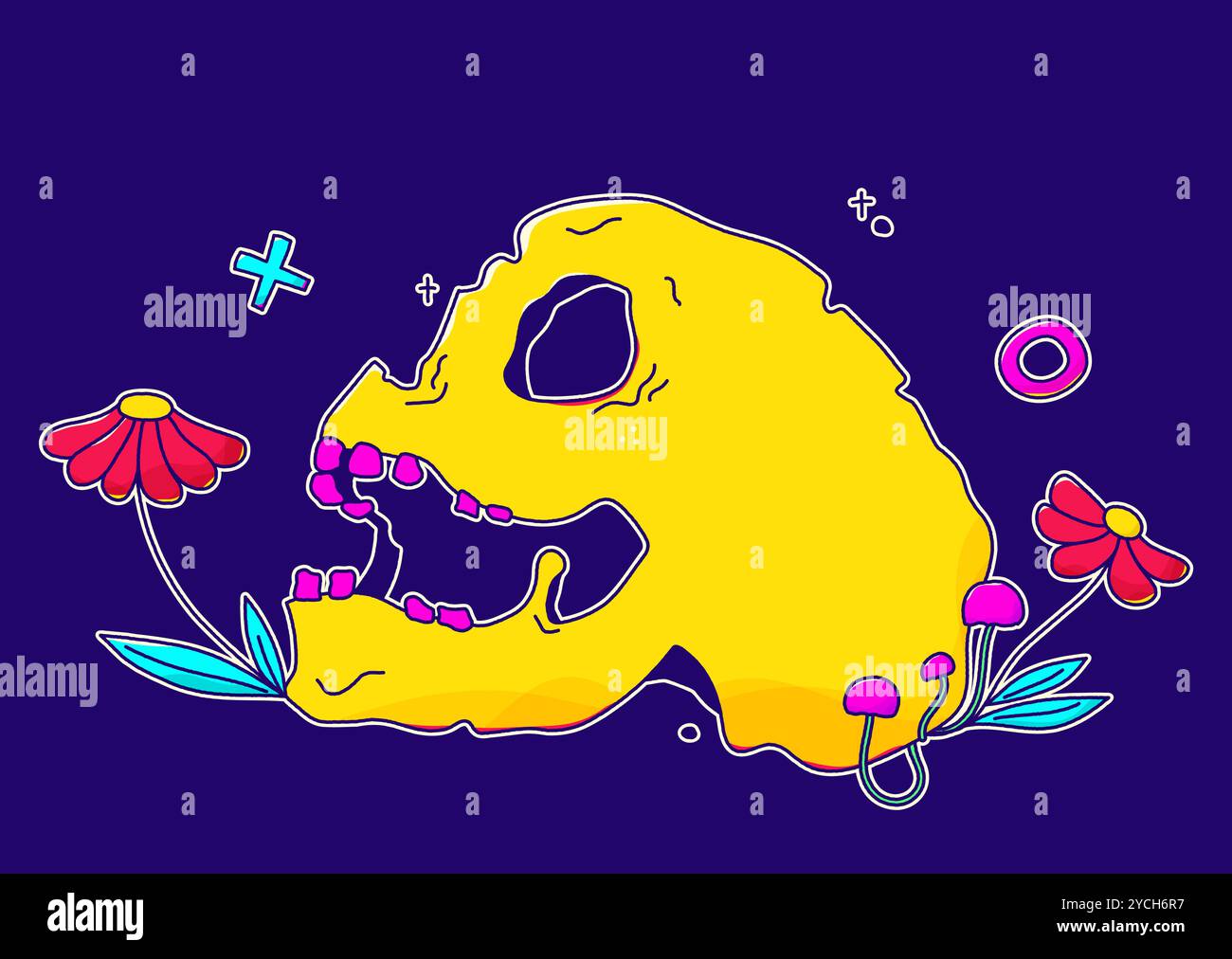 Neon yellow color doodle groovy scull sticker. Punk kawaii elements ...