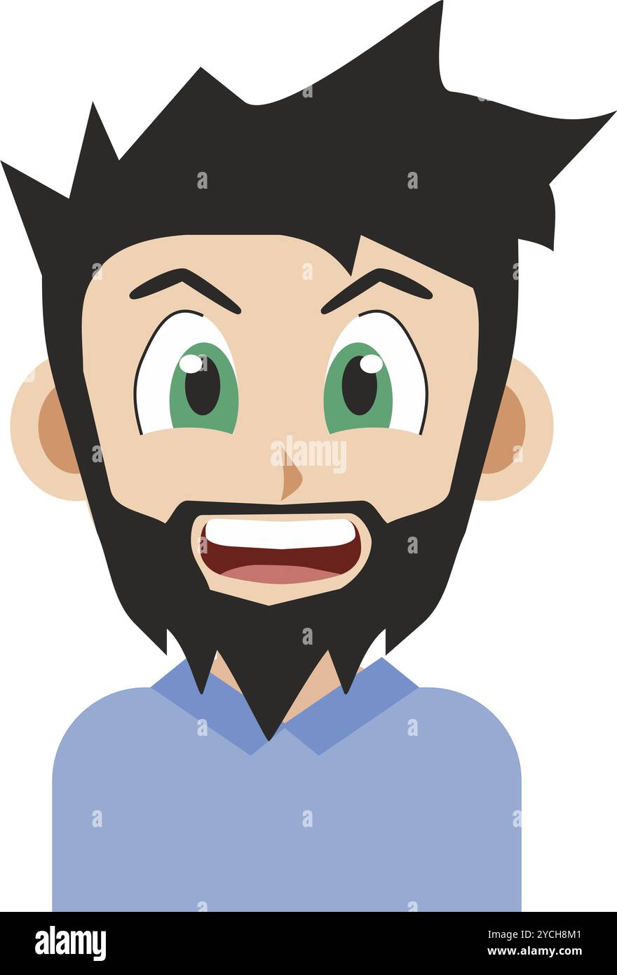 Japanese manga style illustration of a young bearded man smiling front ...