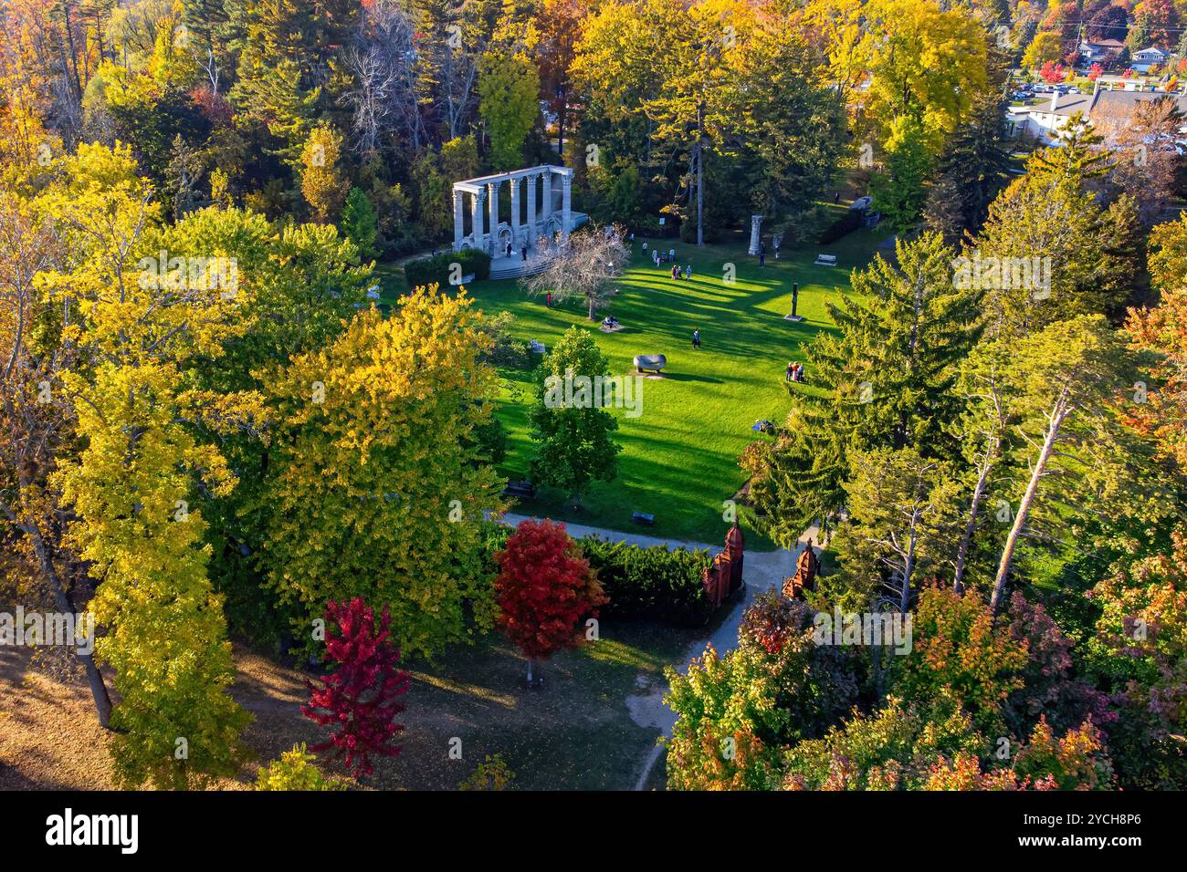 Aerial view of fall colors in the Guild Park and Gardens, with the ...