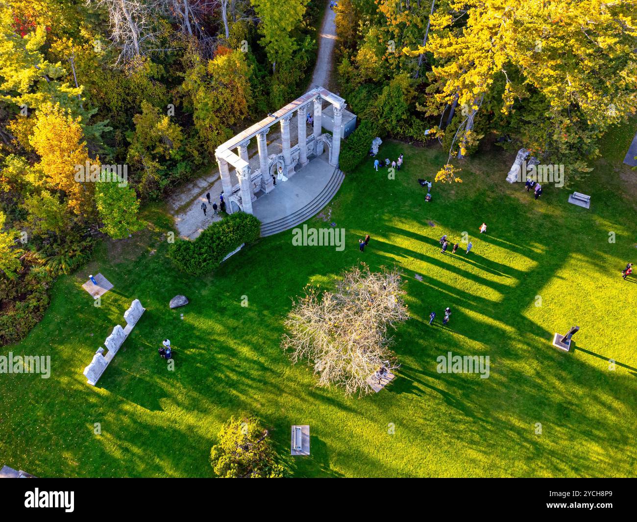 Aerial view of people gathered near the Greek Theatre structure in ...