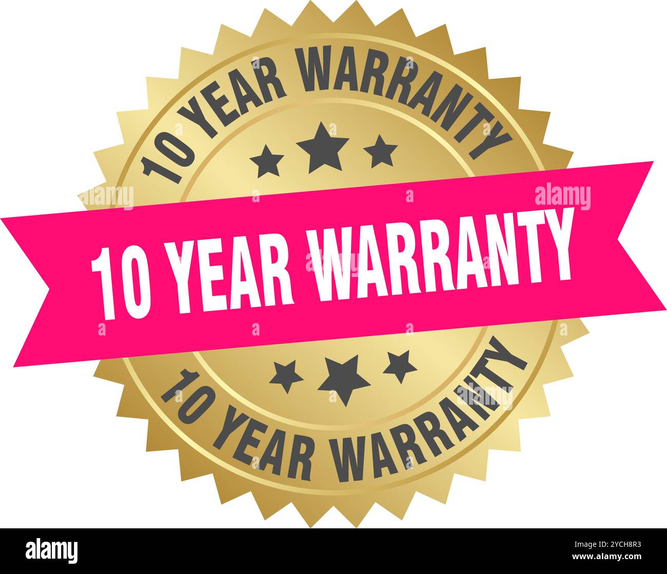 10 year warranty round pink and gold label isolated on transparent ...